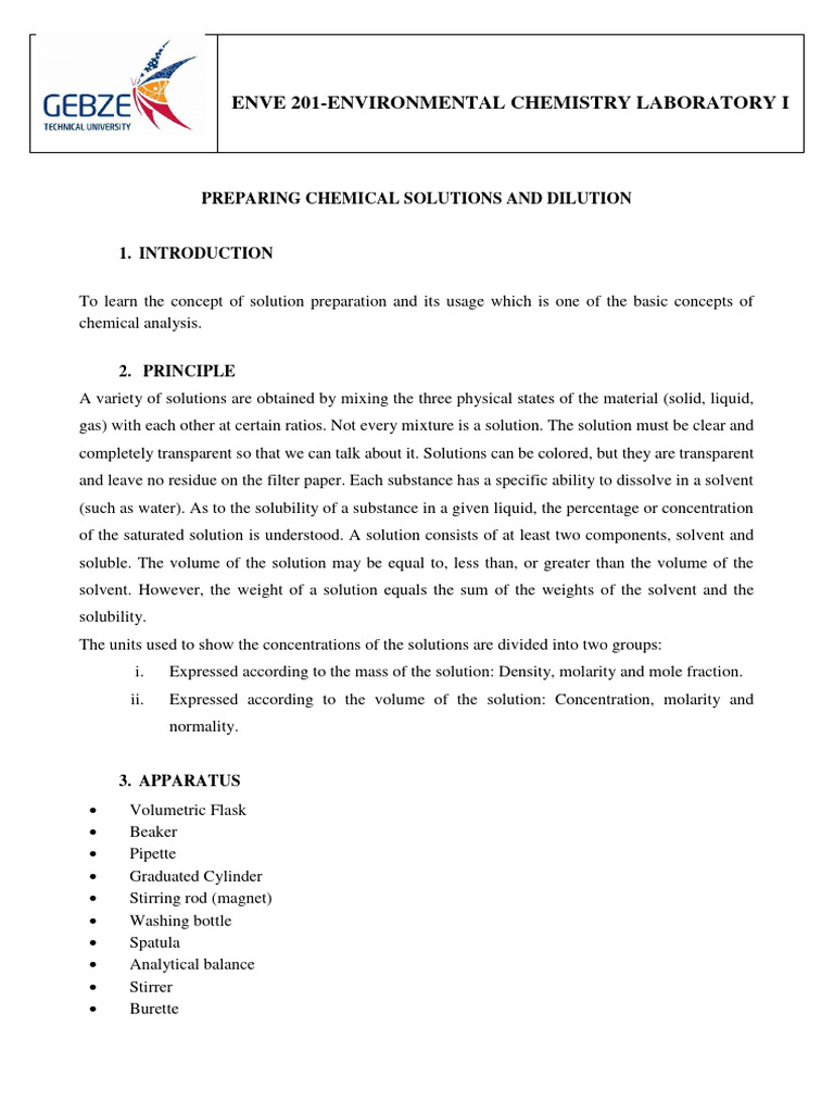 ENVE 201 Preparing Chemical Solution and Dilution | PDF | Chemistry | Physical Chemistry