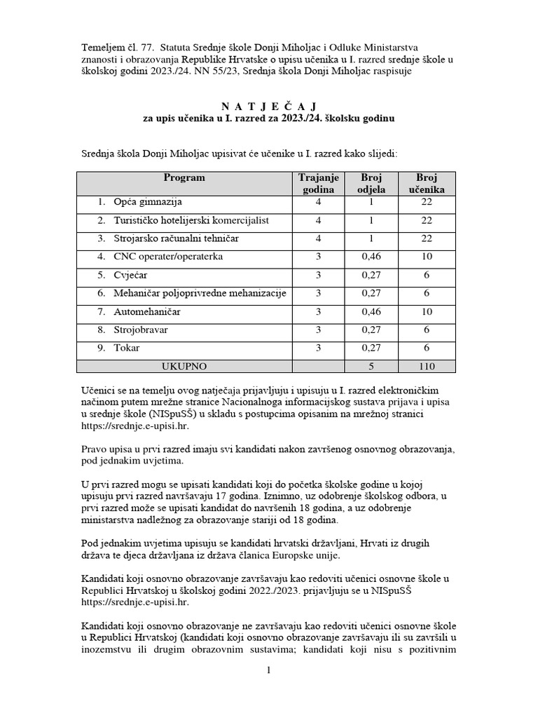 Natjecaj Upisi 23-24 | PDF