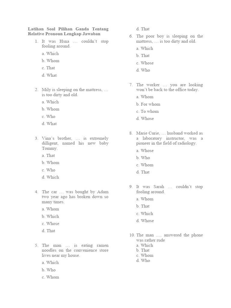 Soal Latihan Relative Pronoun | PDF