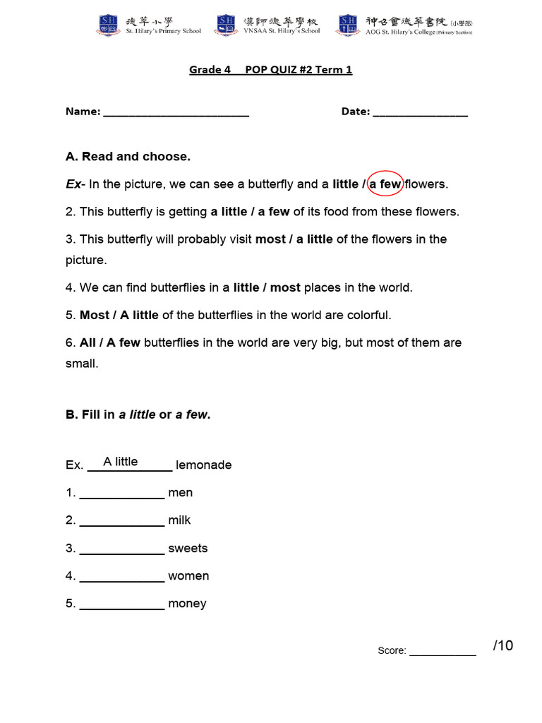 G4 Pop Quiz U1 Quantifiers 2 | PDF | Home & Garden