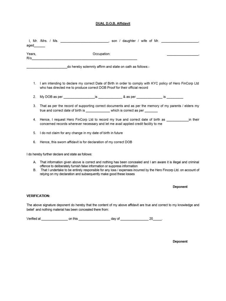 Dual Date of Birth Affidavit Template | PDF | Finance & Money ...