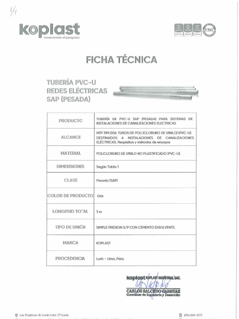 Ficha Tecnica - Tuberia Electrica Koplast | PDF