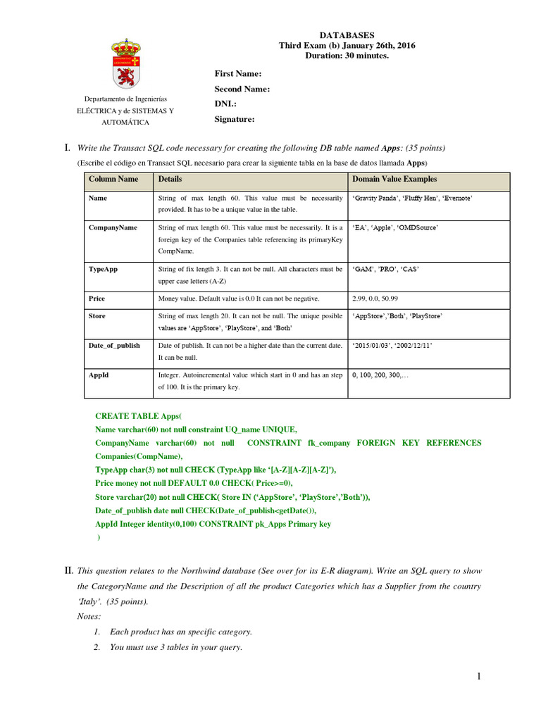 Transact SQL Exam: Database Creation & Queries | PDF | Information Retrieval | Data Management ...