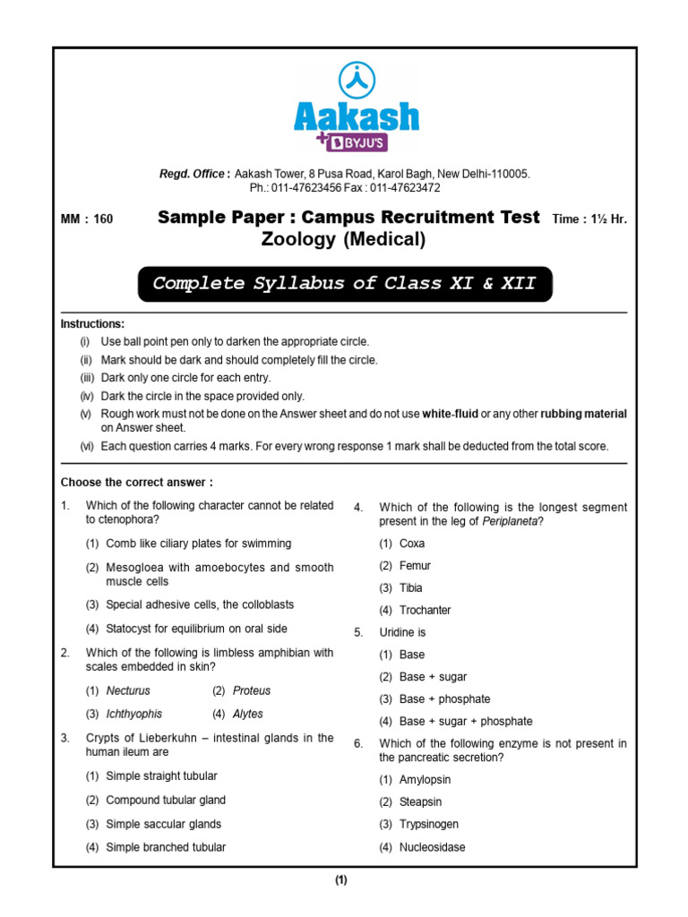Sample Paper - Campus Recruitment Test-Zoology | PDF | Muscle ...