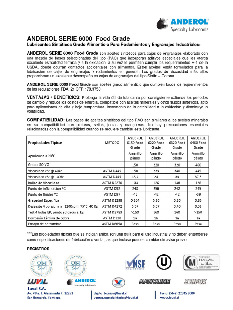 Anderol Serie 6000 Food Grade | PDF | Lubricante | Engranaje