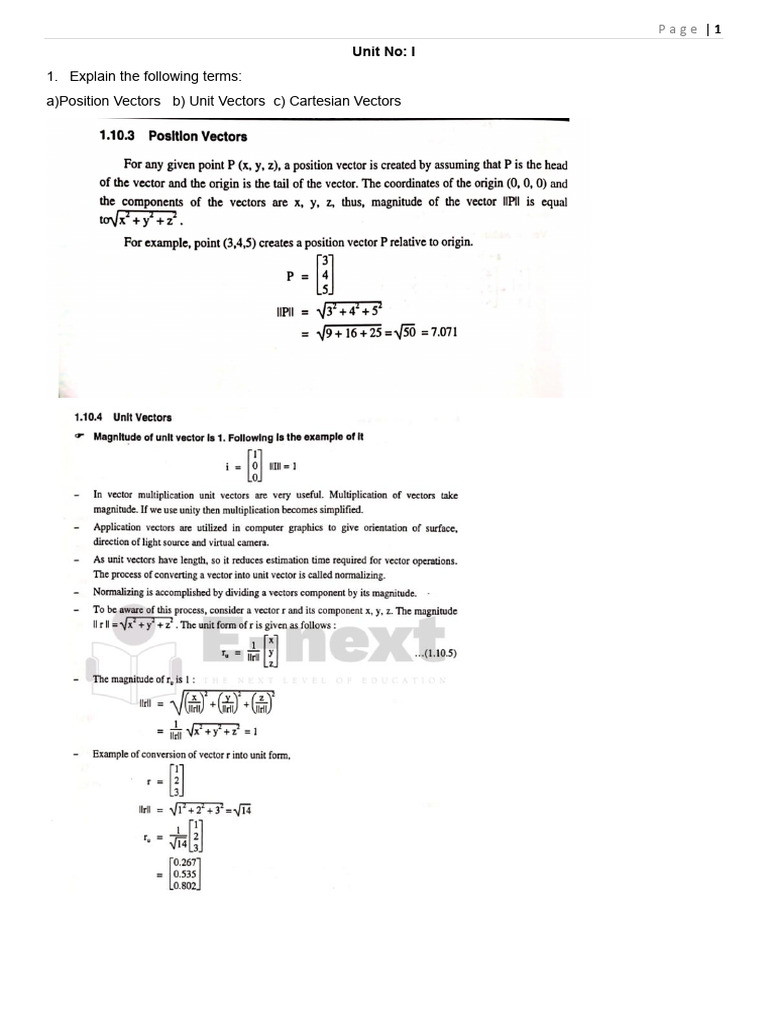 Explain The Following Terms: A) Position Vectors B) Unit Vectors C ...