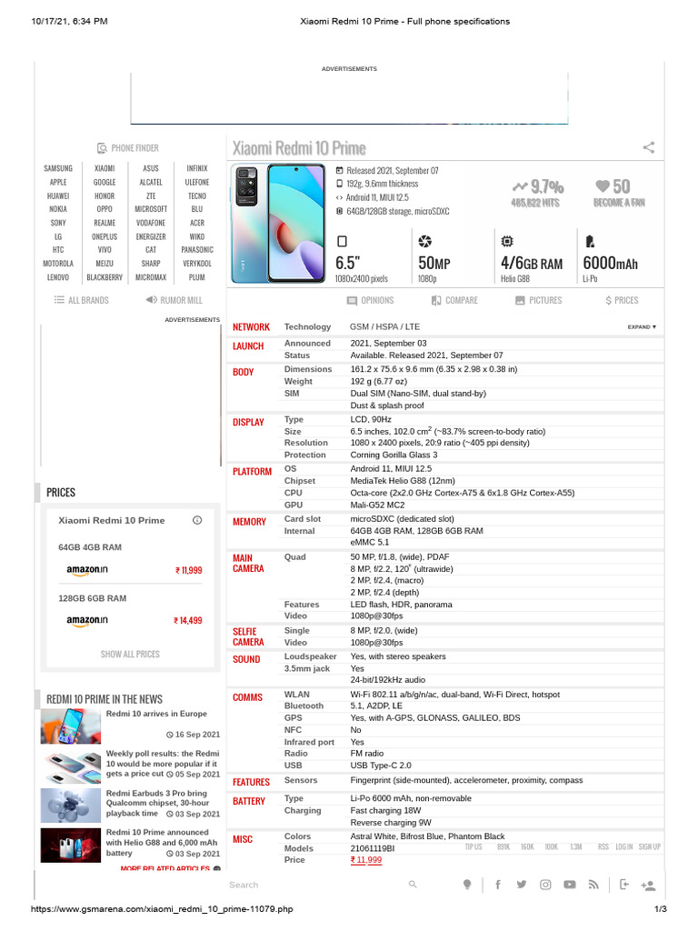 Xiaomi Redmi 10 Prime - Full Phone Specifications | PDF | Xiaomi ...