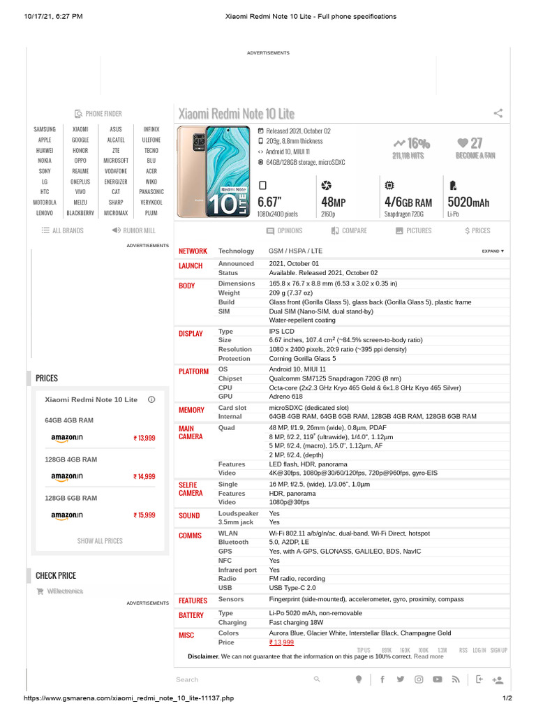 Xiaomi Redmi Note 10 Lite - Full Phone Specifications | PDF | Xiaomi ...
