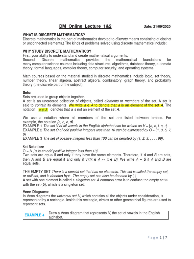 DM Online Lecture 1&2 | PDF | Set (Mathematics) | Discrete Mathematics