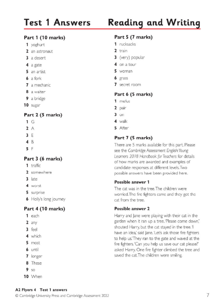 Flyers - Reading & Writing - Test 1 - Answer Key | PDF