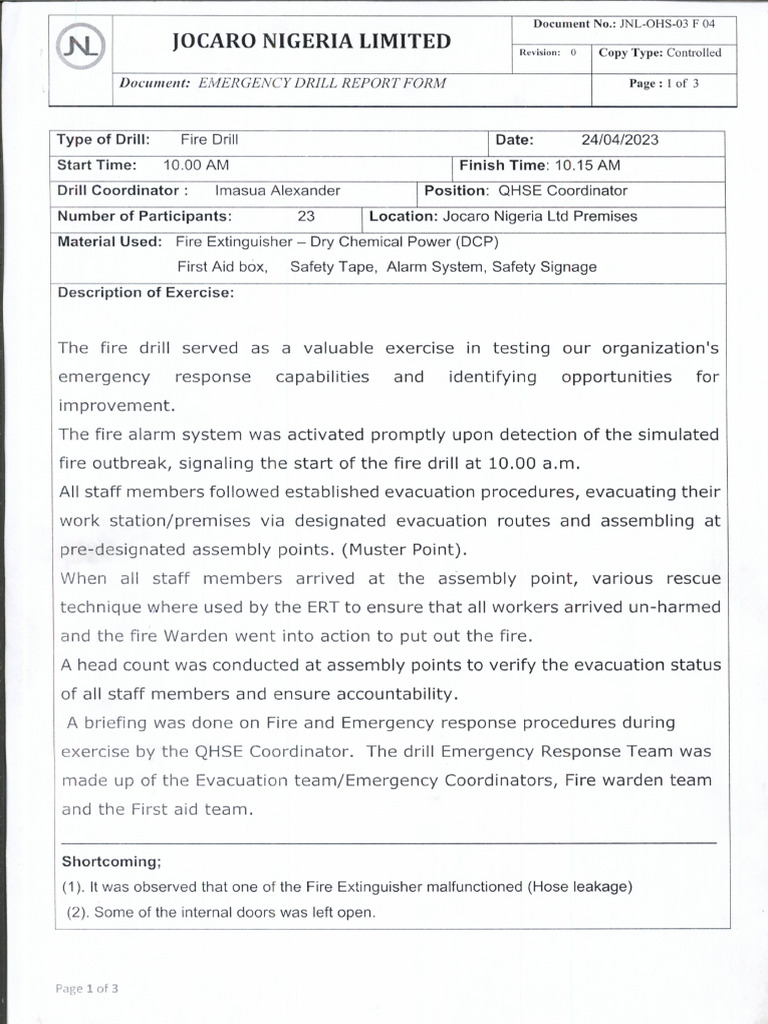 Fire Drill Report - 2024 | PDF