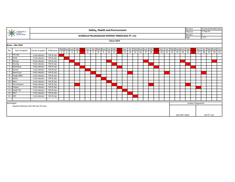 Jadwal Inspeksi Bulan Mei 2024 | PDF