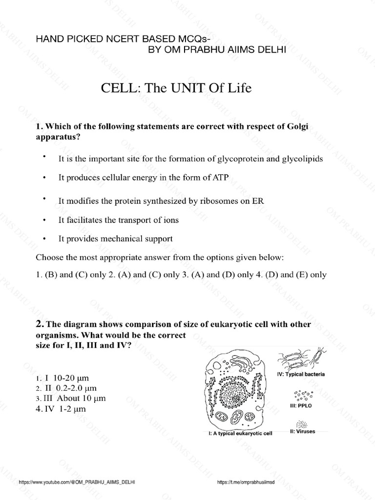 Cell The Unit of Life NCERT Based MCQ by OM PRABHU AIIMS DELHI | PDF