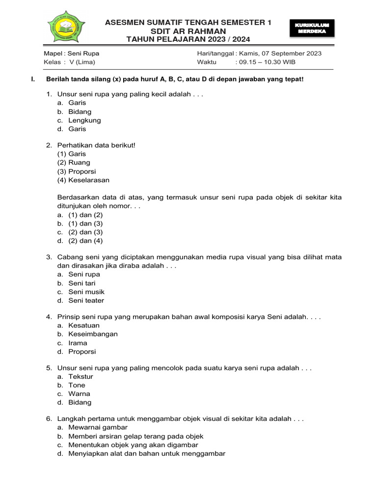 Soal STS 1 Seni Rupa Kelas 5 | PDF | Griya & Taman | Seni