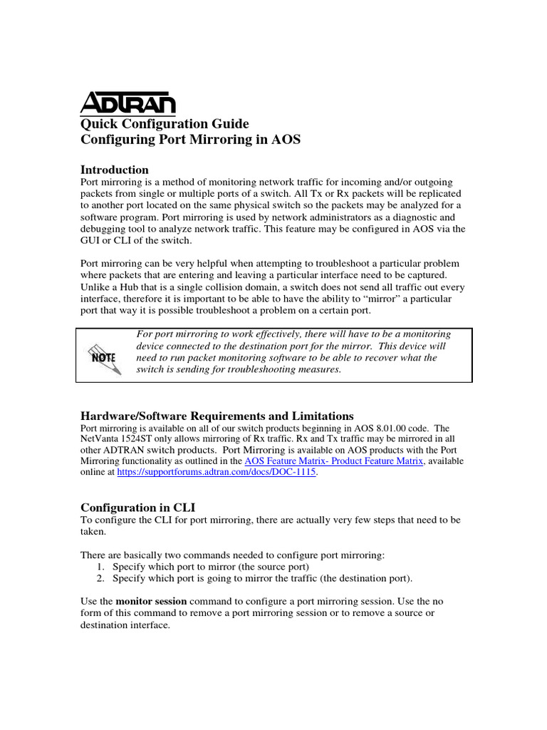 Configuring Port Mirroring in AOS | PDF | Network Switch | Networking Standards