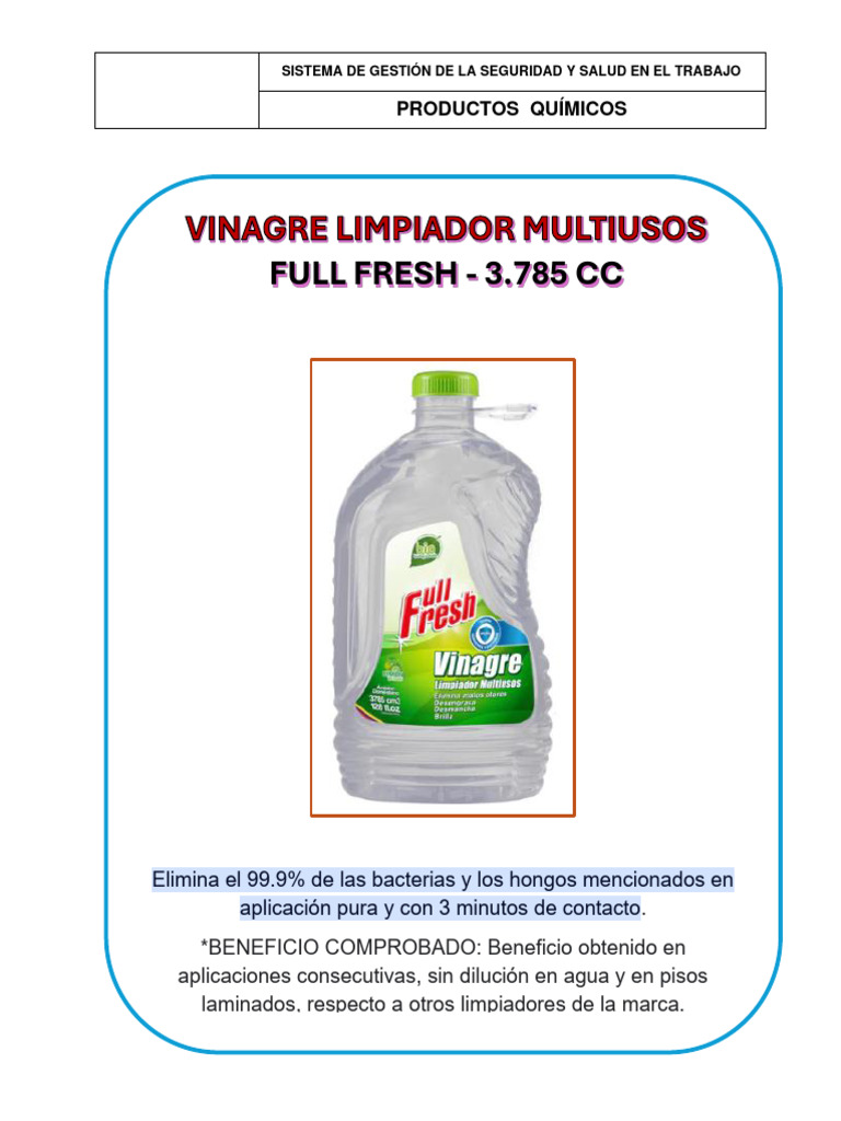 Ficha Tecnica de Vinagre Limpiador Multiusos X 3785 CC - Full Fresh | PDF