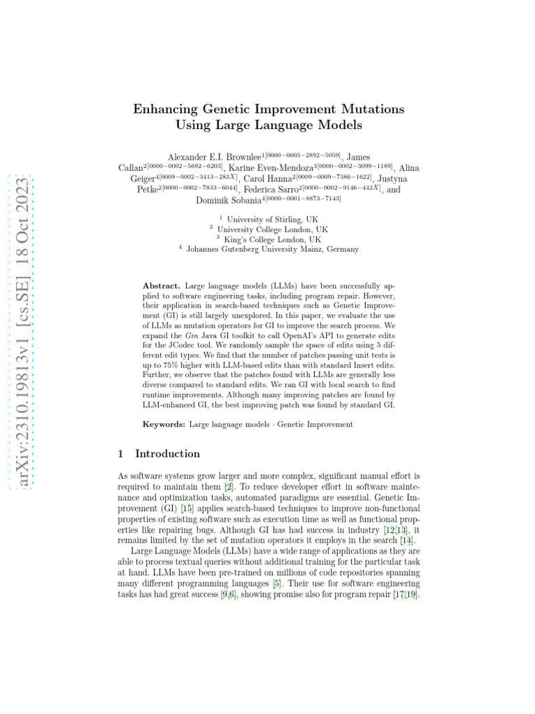 Enhancing Genetic Improvement Mutations Using Large Language Models | PDF | Experiment | Mutation
