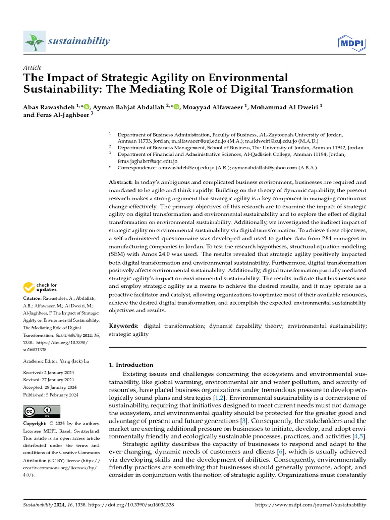 The Impact of Strategic Agility On Environmental Sustainability: The Mediating Role of Digital ...