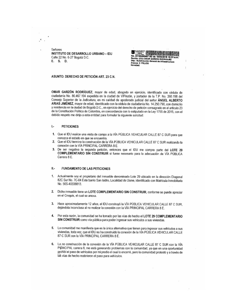 Derecho Petición Radicado Idu | PDF
