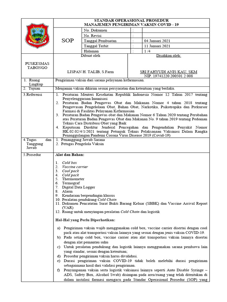 SOP Pengiriman Vaksin Covid-19 | PDF