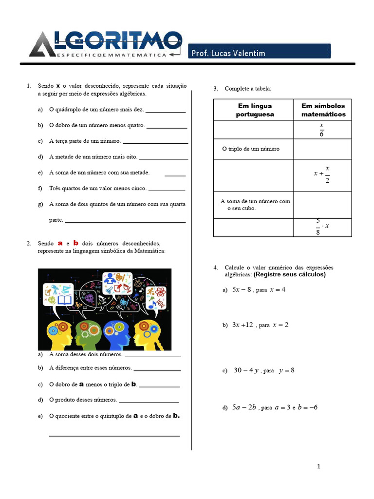 Atividade Avaliativa 7º Ano Expressões Algébricas Pdf Números