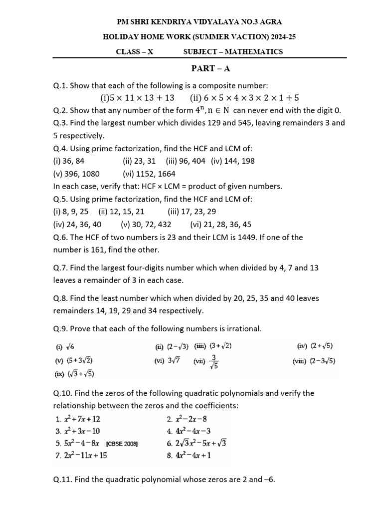 Class 10 Holiday Homework | PDF | Equations | Polynomial