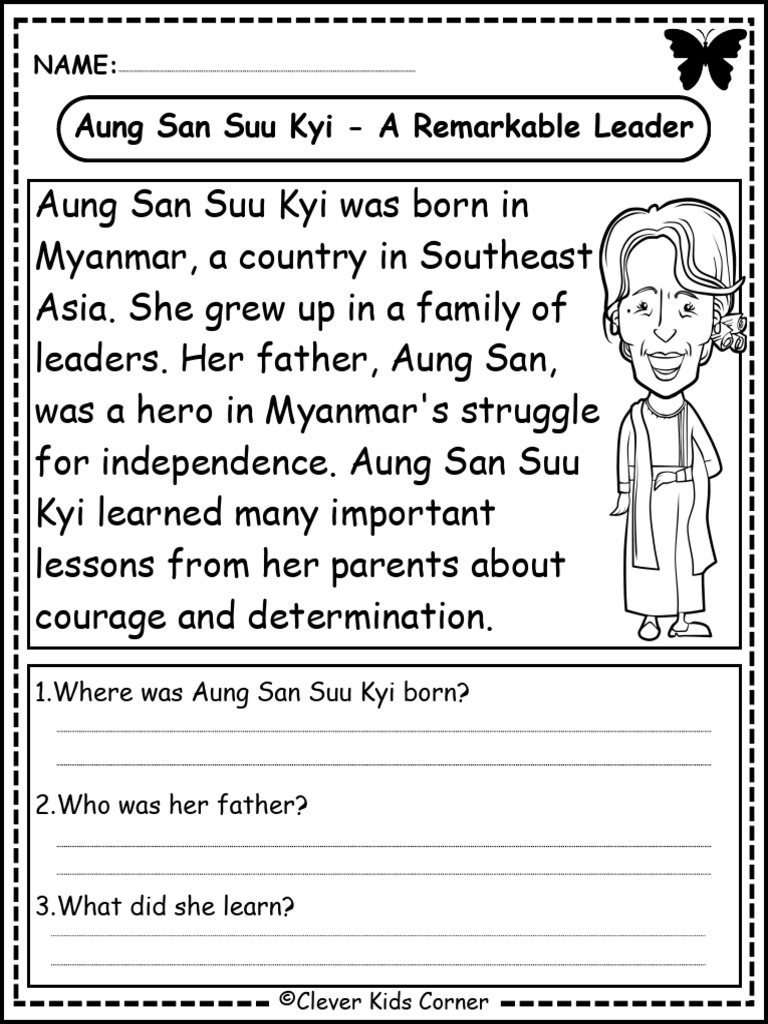 Aung San Suu Kyi Reading Comprehension Passages for K-2 | PDF | Myanmar
