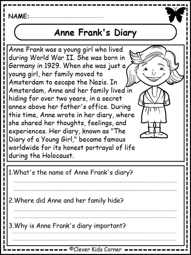 Anne Frank Reading Comprehension Passages For K-2 | PDF | Anne Frank