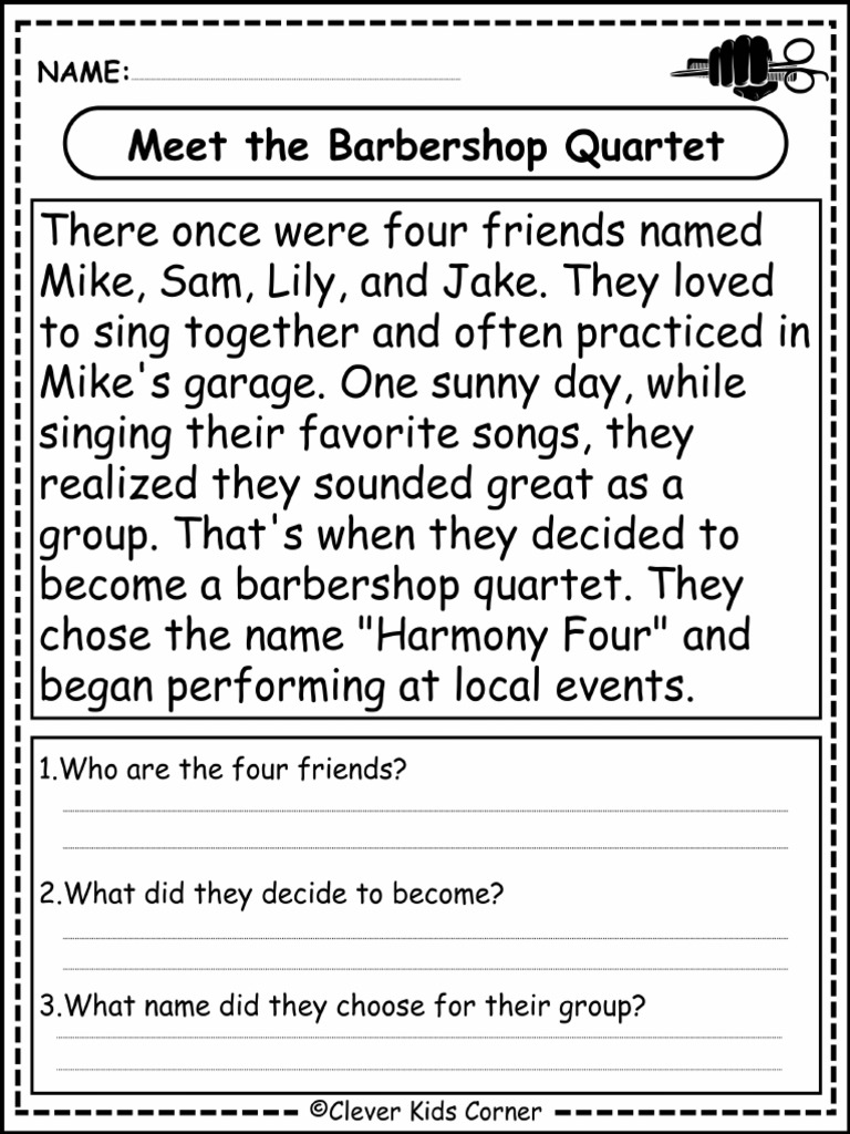 Barbershop Quartet Reading Comprehension Passages For K-2 | PDF