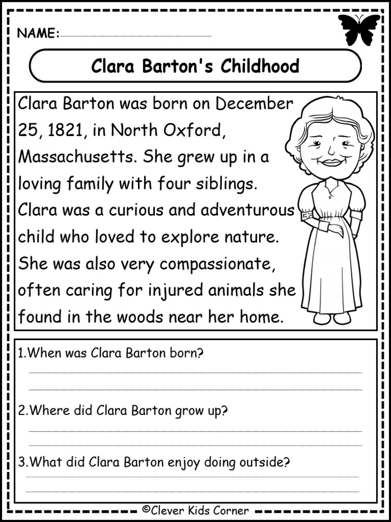 Clara Barton Reading Comprehension Passages For K-2 | Download Free PDF ...
