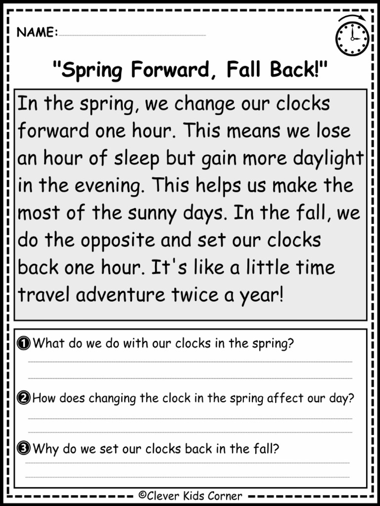 Daylight Saving Time Reading Comprehension Passages For K-2 | PDF