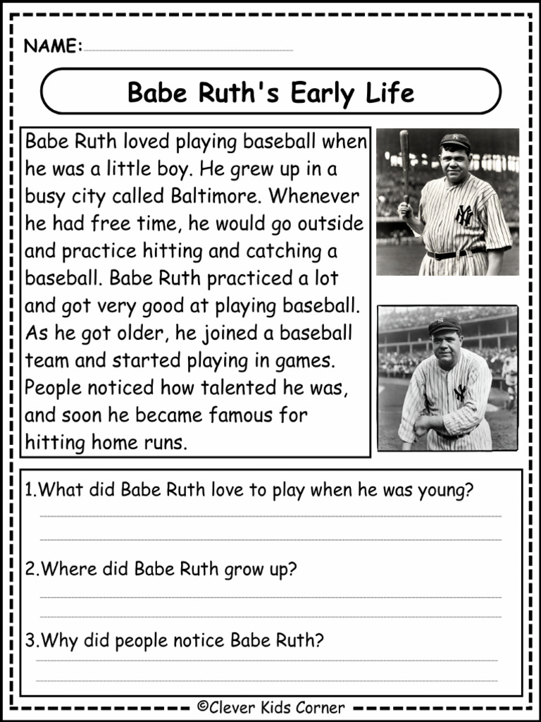 Babe Ruth Reading Comprehension Passages For K-2 | PDF