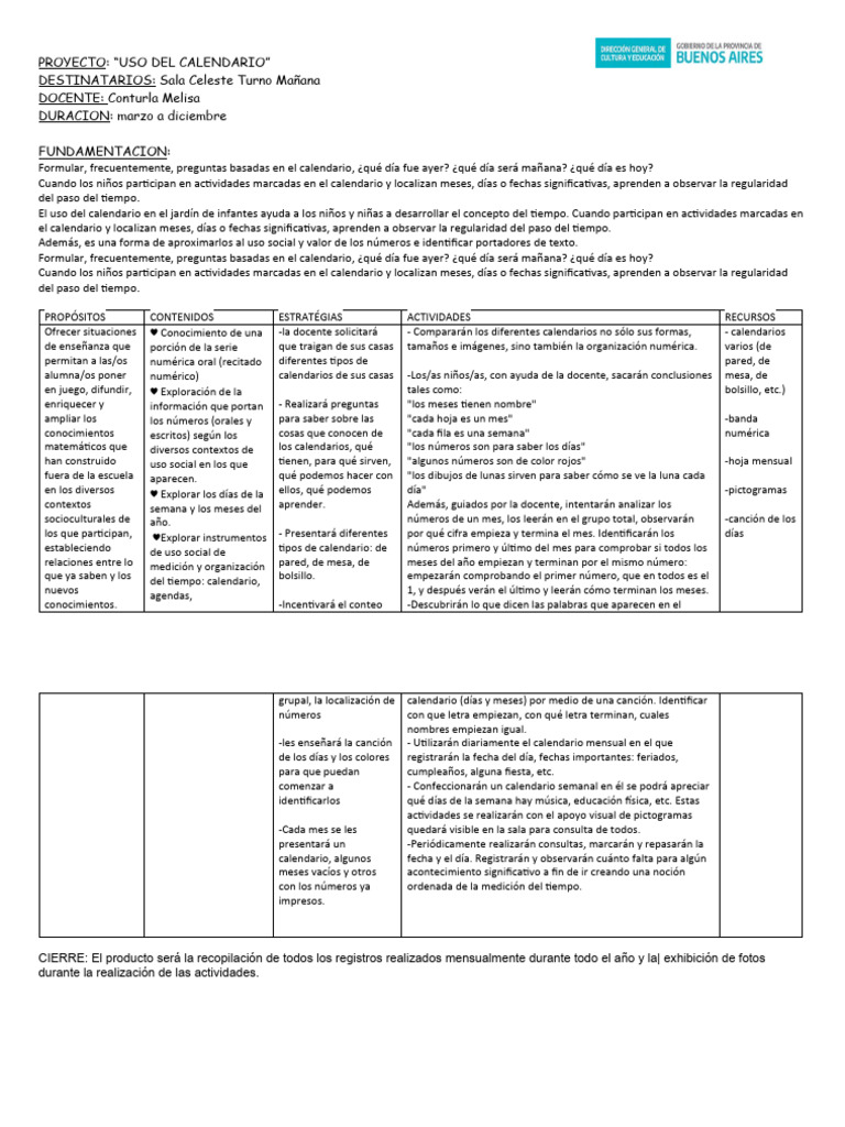 Uso del Calendario en Preescolar | PDF | Calendario