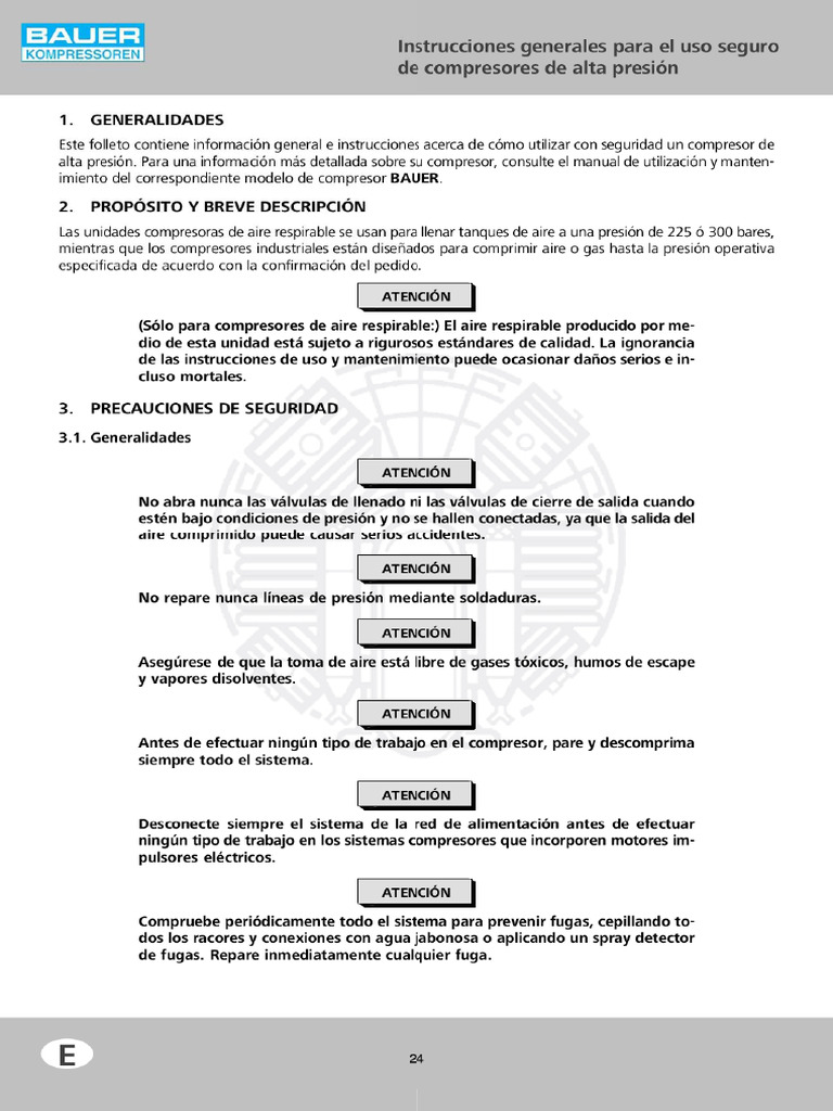 BAUER (Manual de Uso General Del Compresor) | PDF