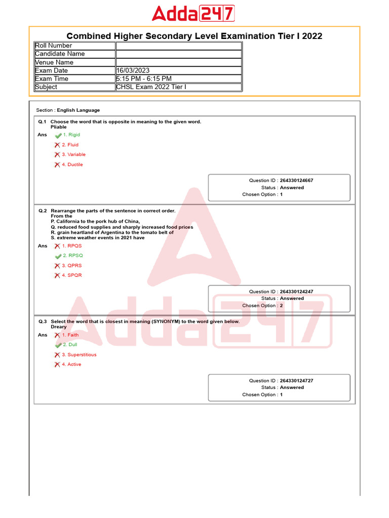 SSC CHSL Question Paper 16 March 2023 Shift 4 | PDF | Question | Sleep