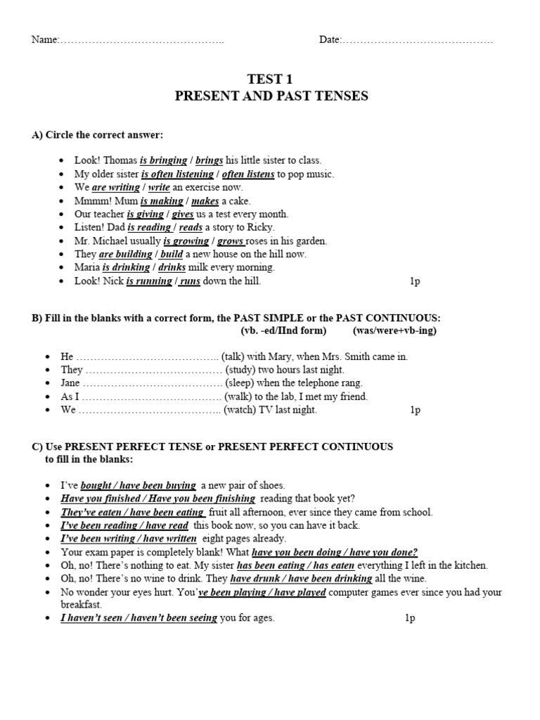 Present and Past Tenses Exercises | PDF | Language Arts & Discipline