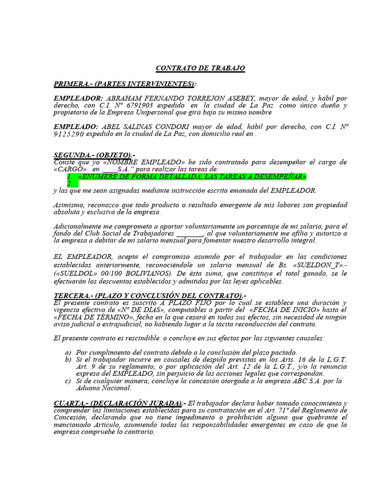 Modelo Contrato de Trabajo Plazo Fijo Bolivia | PDF | Salario | Justicia