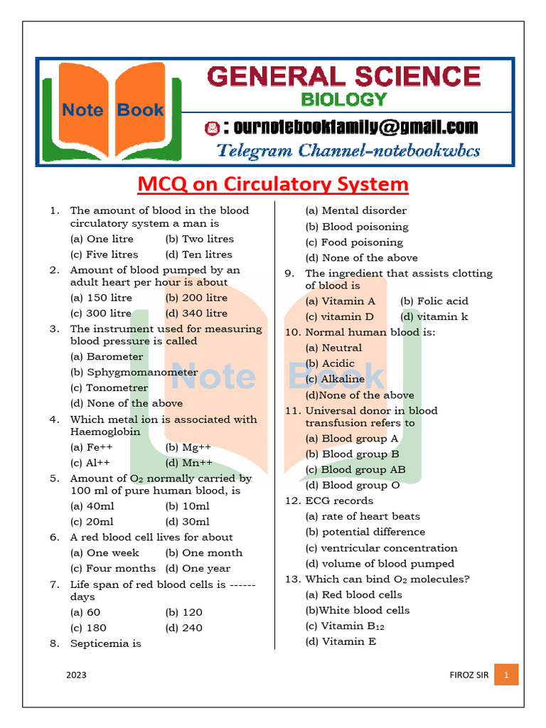 MCQ On Circulatory System | PDF | Blood | Vein