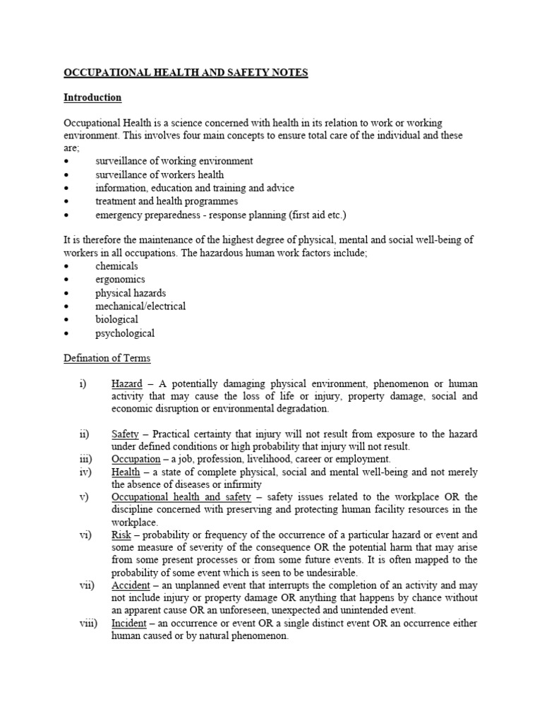 OCCUPATIONAL HEALTH AND SAFETY NOTES part 1 | PDF | Occupational Safety ...