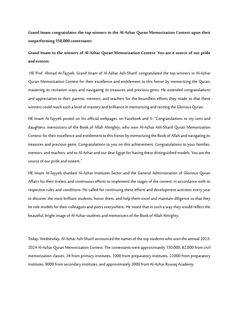 Grand Imam Congratulates The Top Winners of Quran Memorization Contest ...