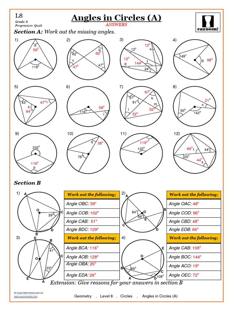 Geometry. Level 8. Circles. Angles in Circles (A) - ANSWERS | PDF ...