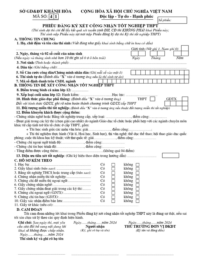 5 Mau - Phieu Xet TN THPT | PDF