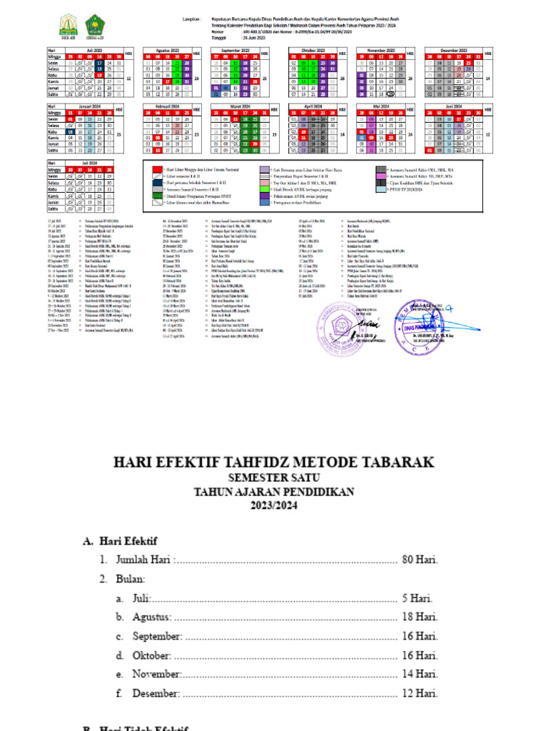 Hari Efektif Tahfidz Tabarak Semester 1 | PDF
