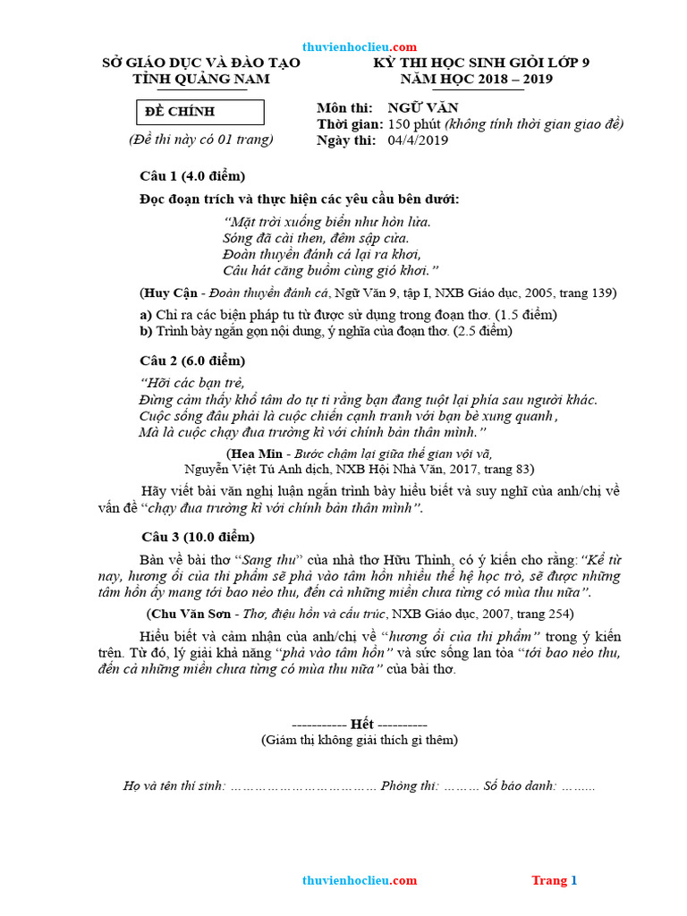 De Thi HSG Ngu Van 9 Quang Nam 2018 2019 | PDF