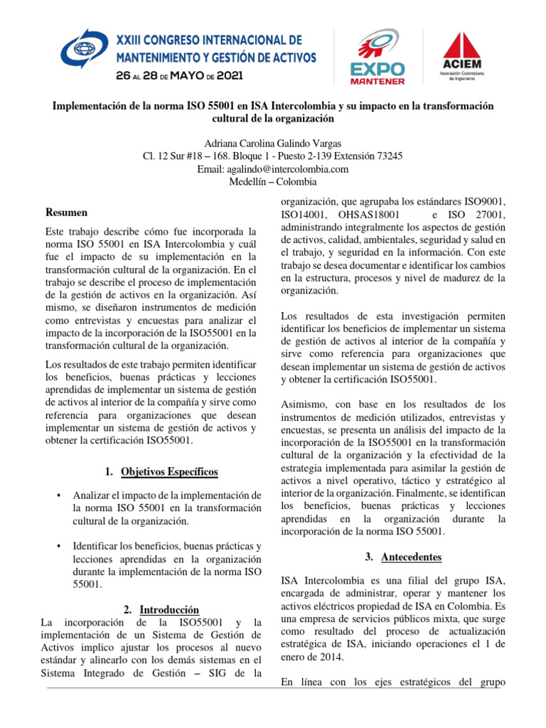 Implementación de La Norma ISO en ISA Intercolombia y Su Impacto en La ...