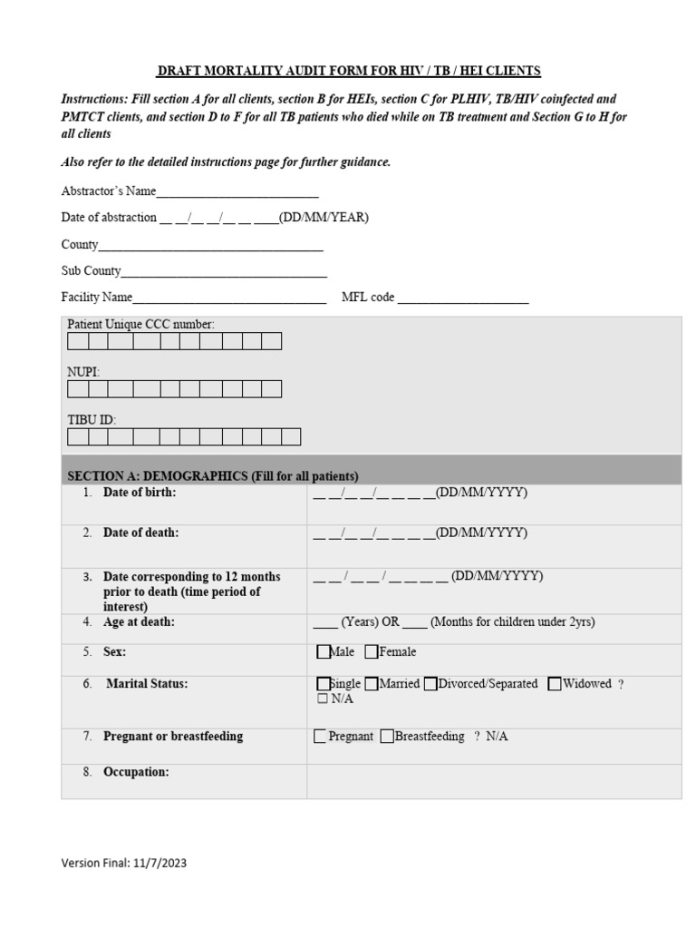 MORTALITY AUDIT FORM FOR HIV - TB - HEI CLIENTS Final Version | PDF ...