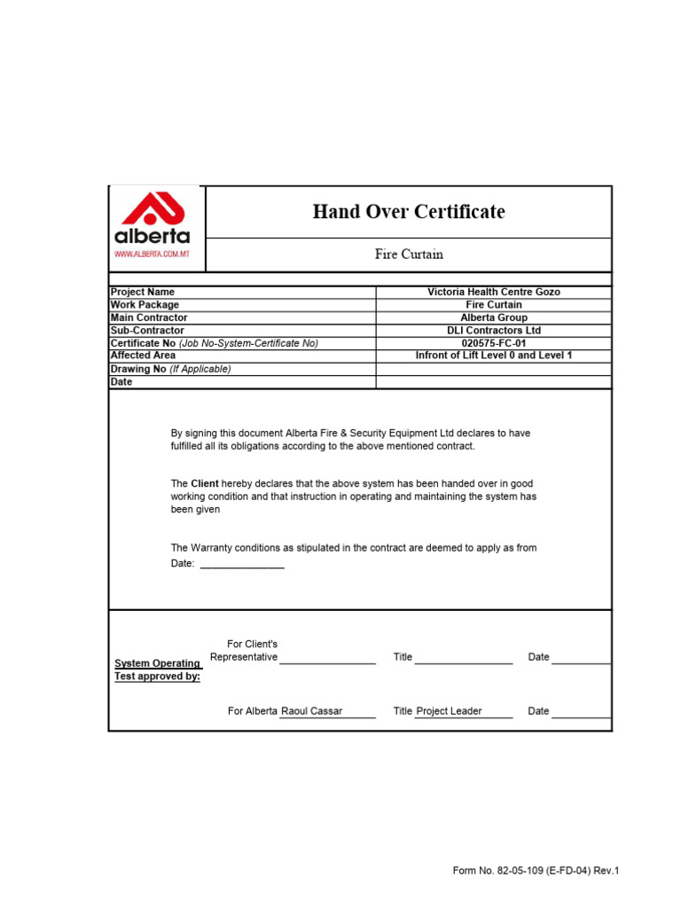 Fire Curtain Handover Certificate - Victoria Health Centre | PDF ...