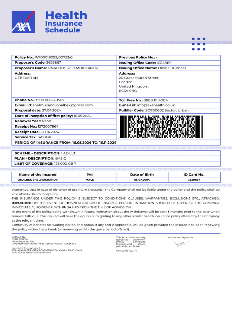 Insurance Policy Details 2024 | PDF