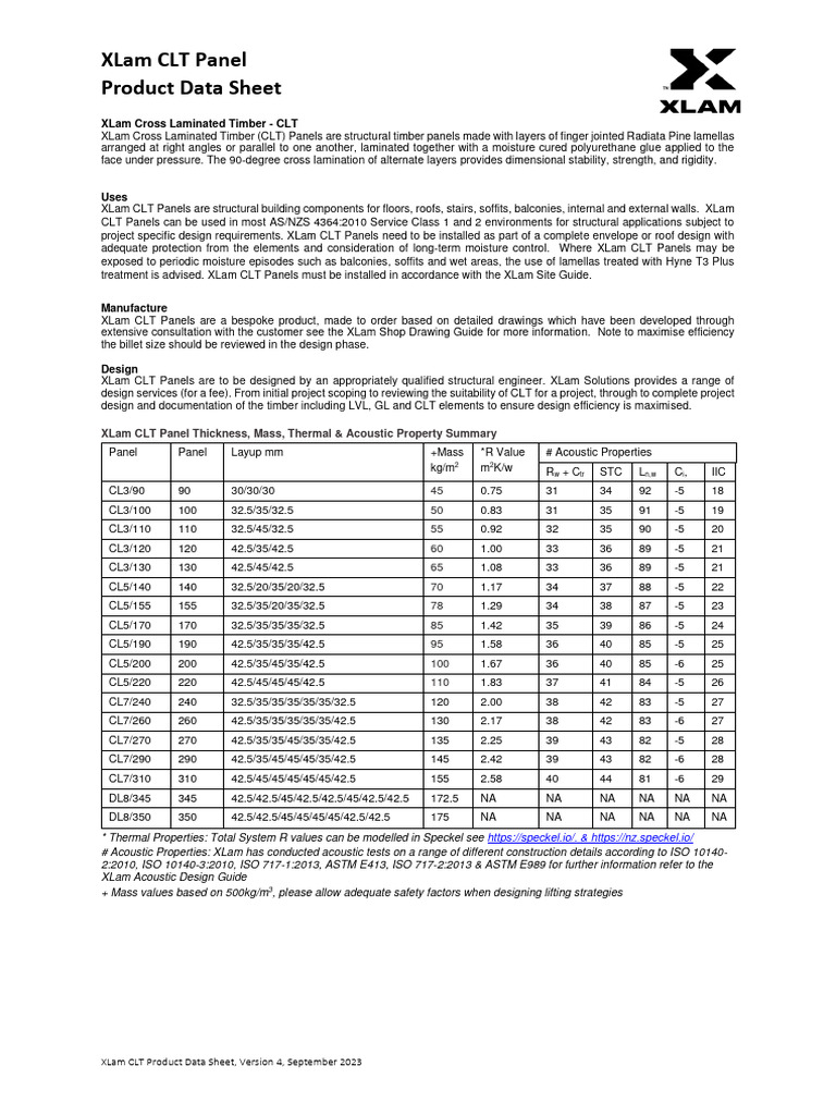 001 XLam CLT Panel Product Data Sheet V4 September 2023 | PDF | Lumber ...