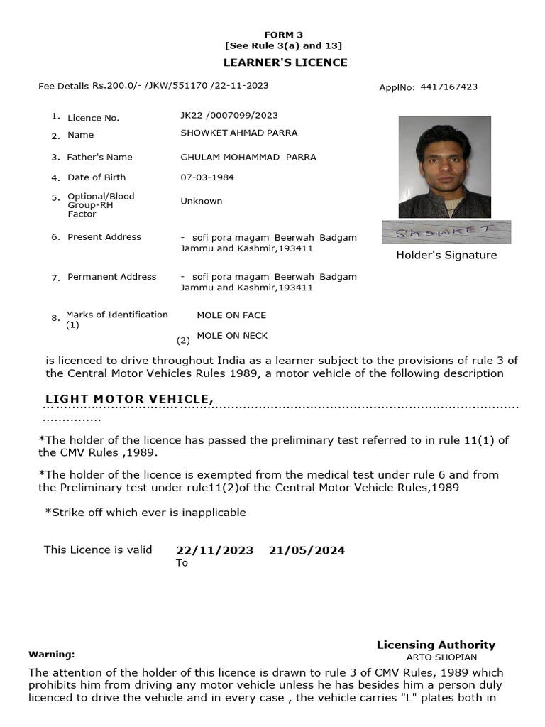 Showkat Learner Licence | PDF | Vehicles | Road Transport